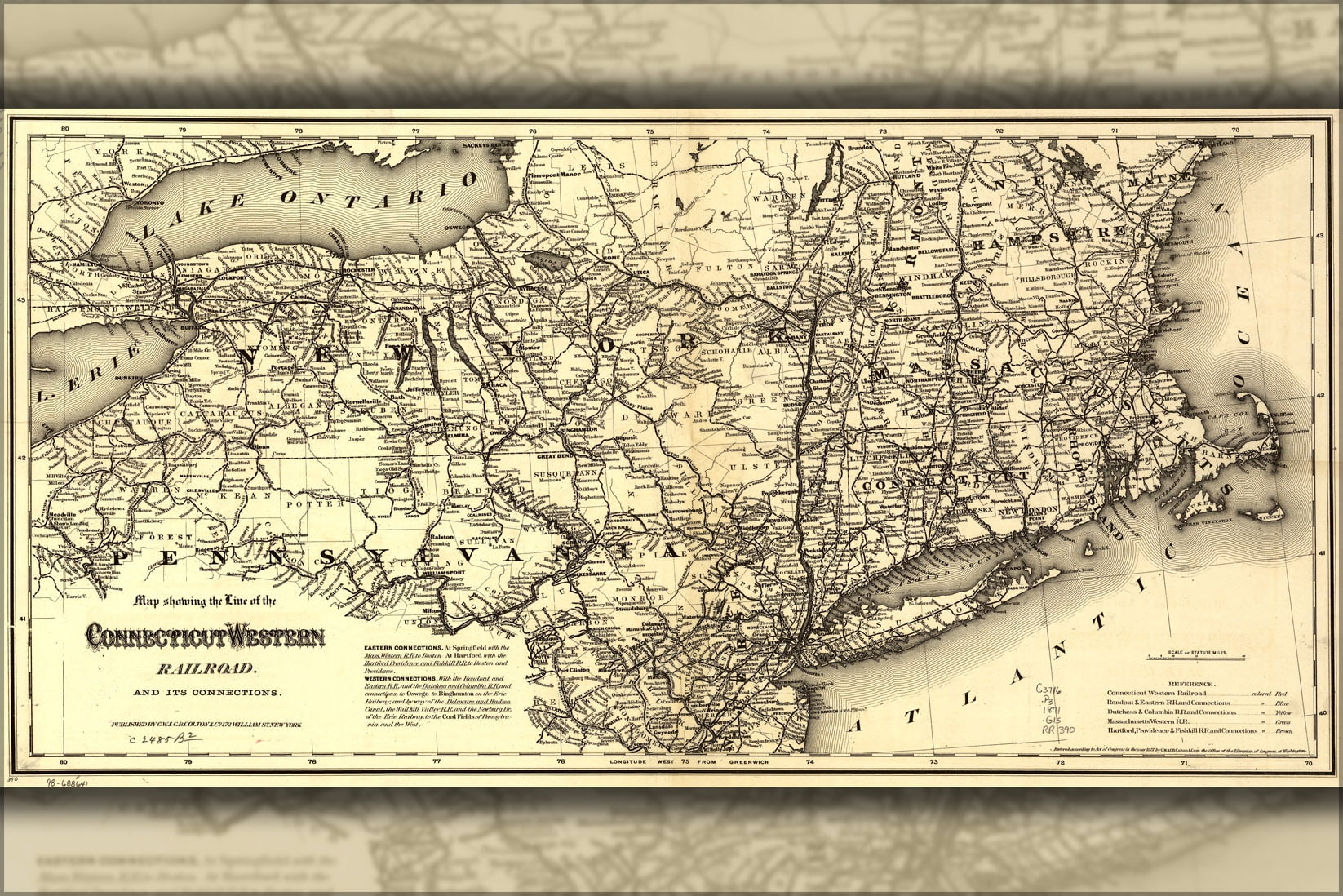 24"x36" Gallery Poster, Map of Connecticut & Western Railroad 1871 ...