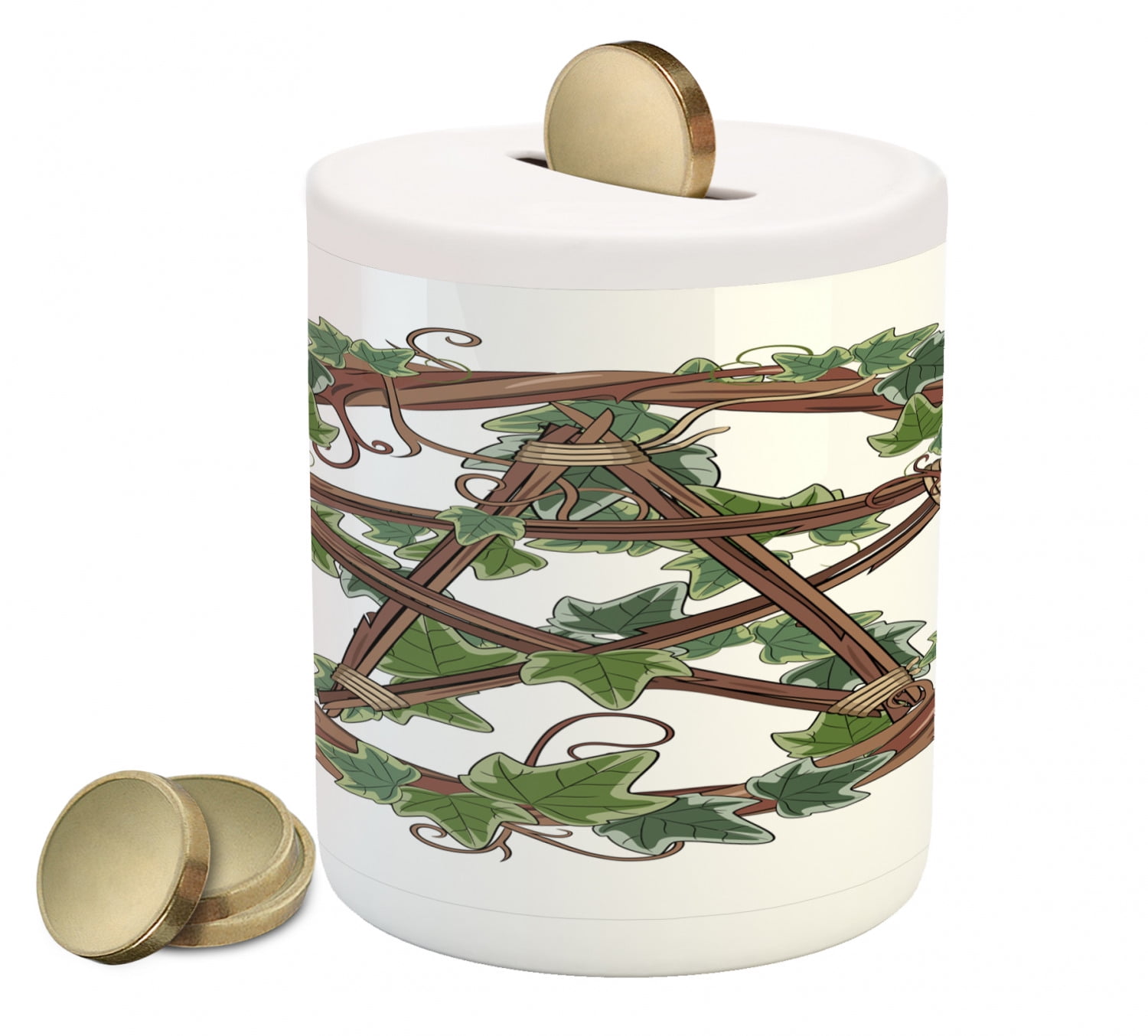 Pentacle Piggy Bank, Vine Wreath with Ivy on Intertangled Twigs Forming ...