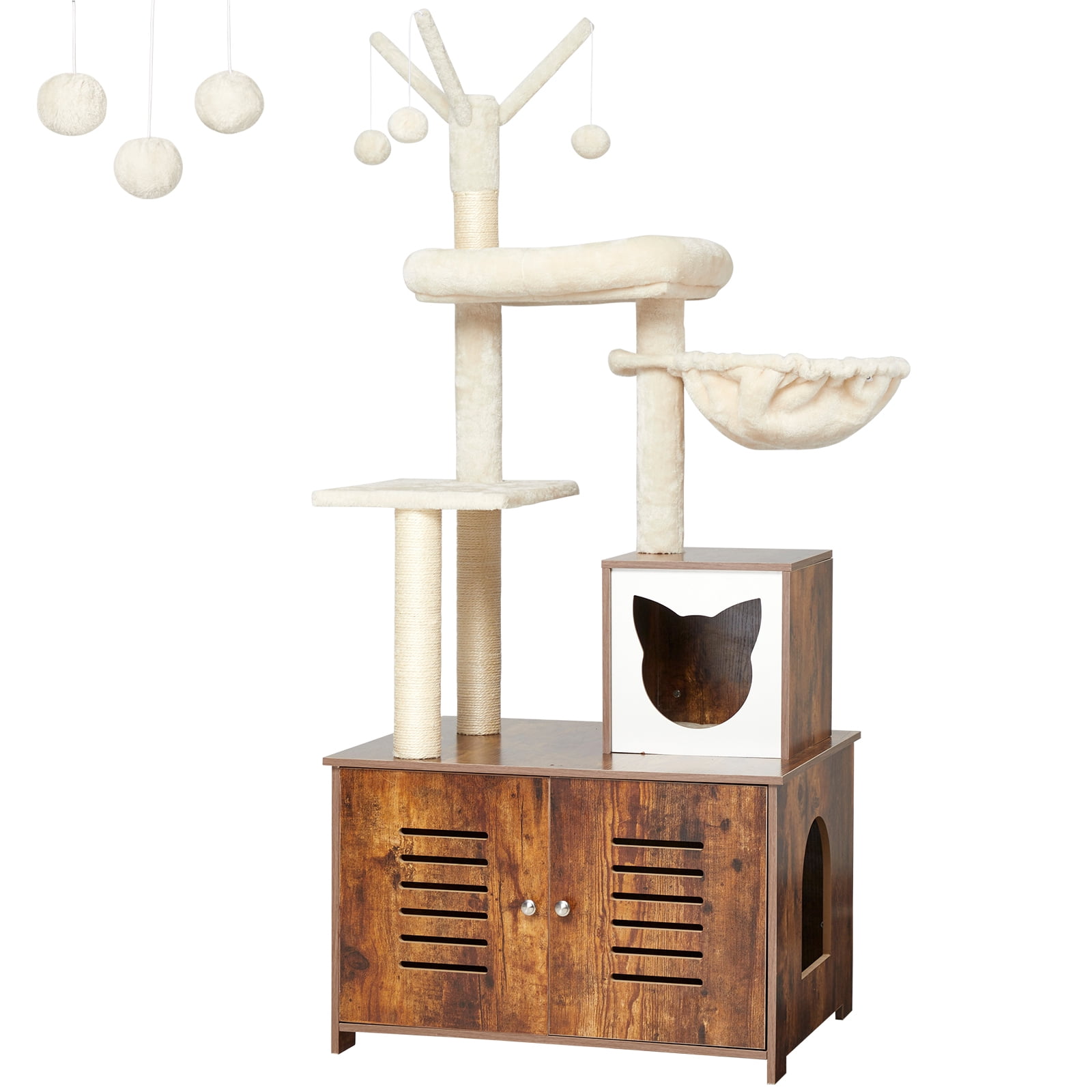 Juiluna Cat Tree with Litter Box Enclosure, 2-in-1 Cat Tower, Furniture ...