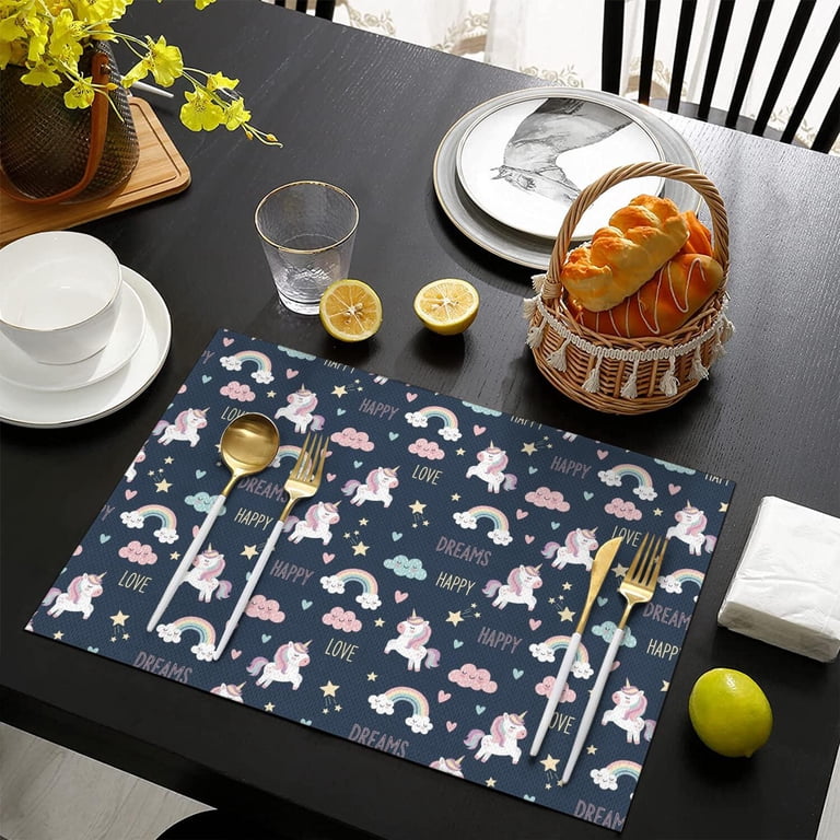 Unicorn and Rainbow Blue Pattern Linen-look Placemats Set Of 4 ...