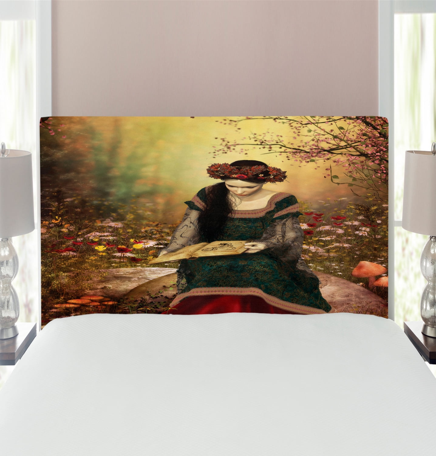 Medieval Headboard, Lady Sitting on Stone and Reading Book Forest ...