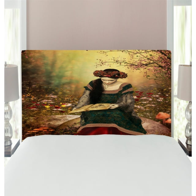 Medieval Headboard, Lady Sitting on Stone and Reading Book Forest ...