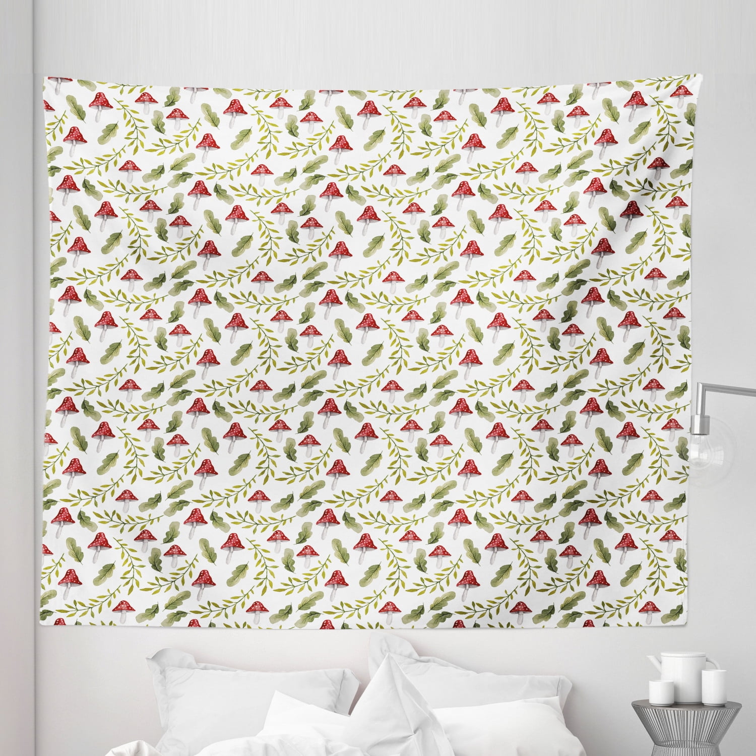 Mushroom Tapestry, Watercolor Pattern Green Leaves Forest Elements Botanical Woodland Theme ...