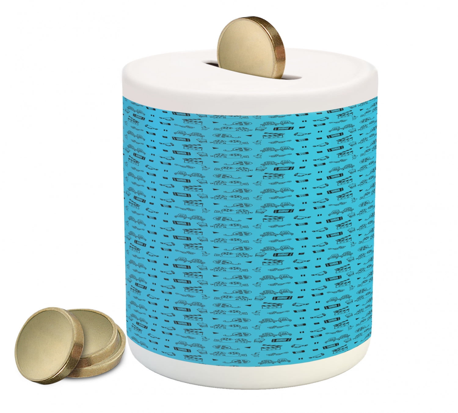 Blue and Black Piggy Bank, Doodle Style Cinema Movie Theater Camera ...