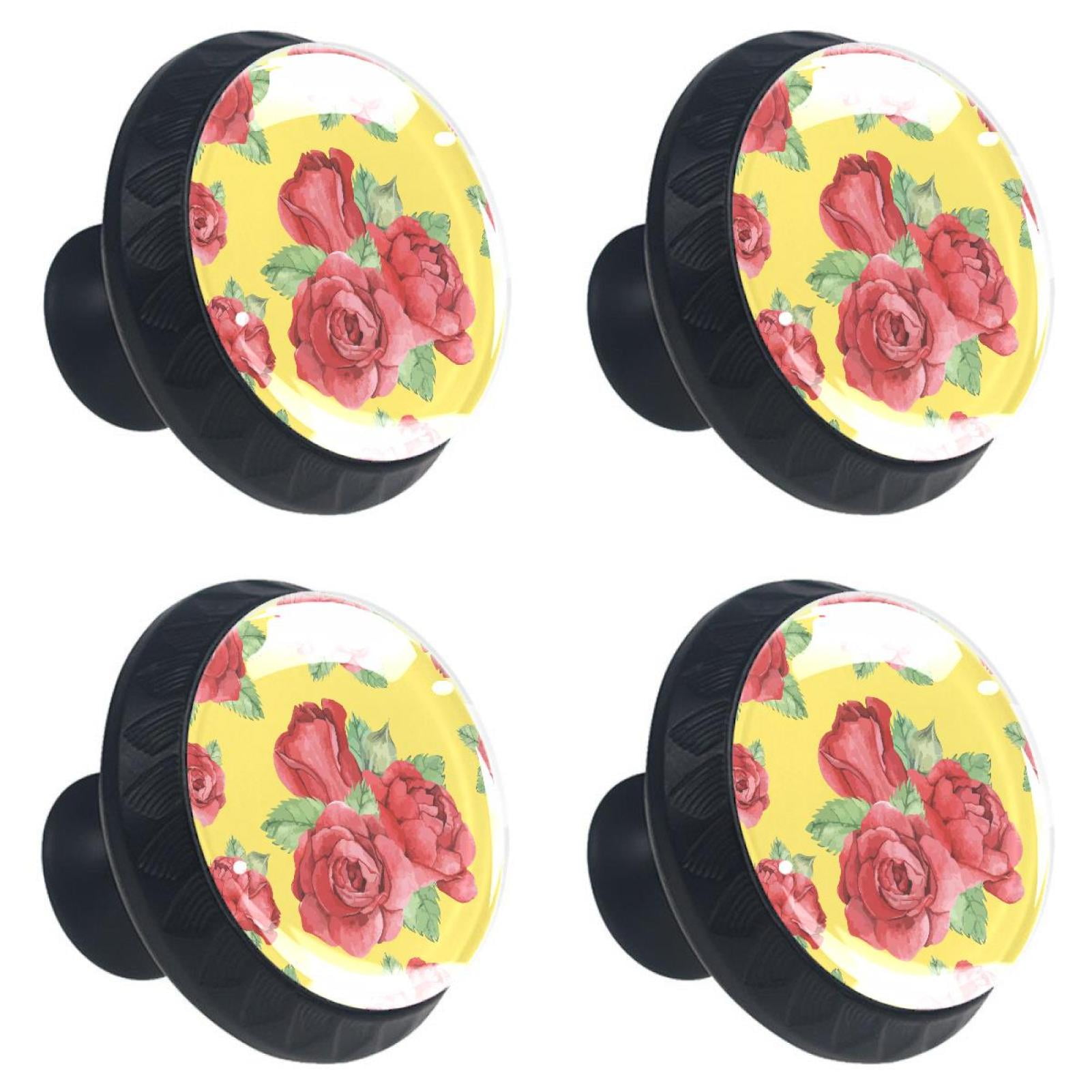 4 Pcs Red Roses Yellow Knobs for Kitchen Cabinet Cupboard Dresser ...