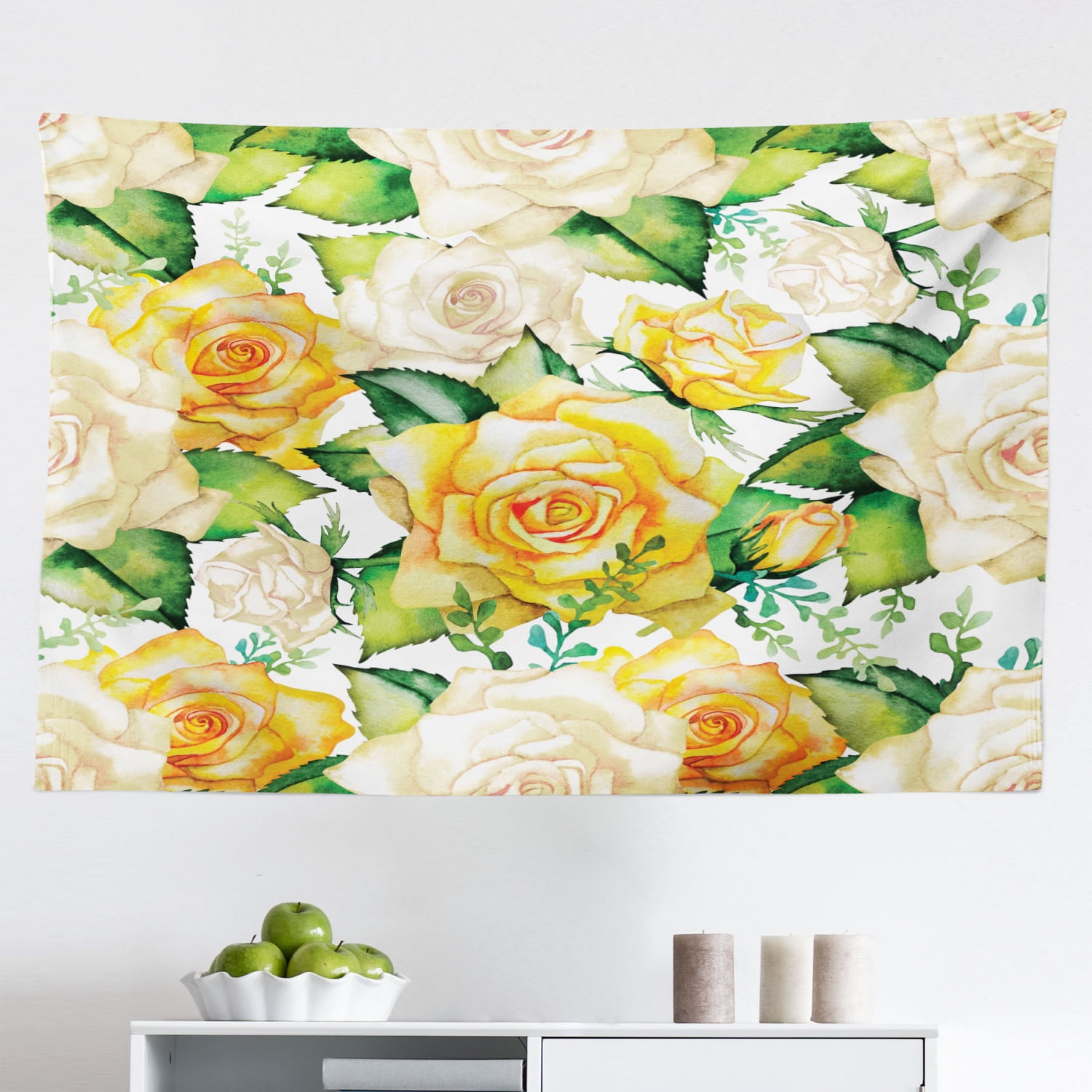 Rose Tapestry, Grunge Psychedelic Floral Motif with Dated Retro Dark ...