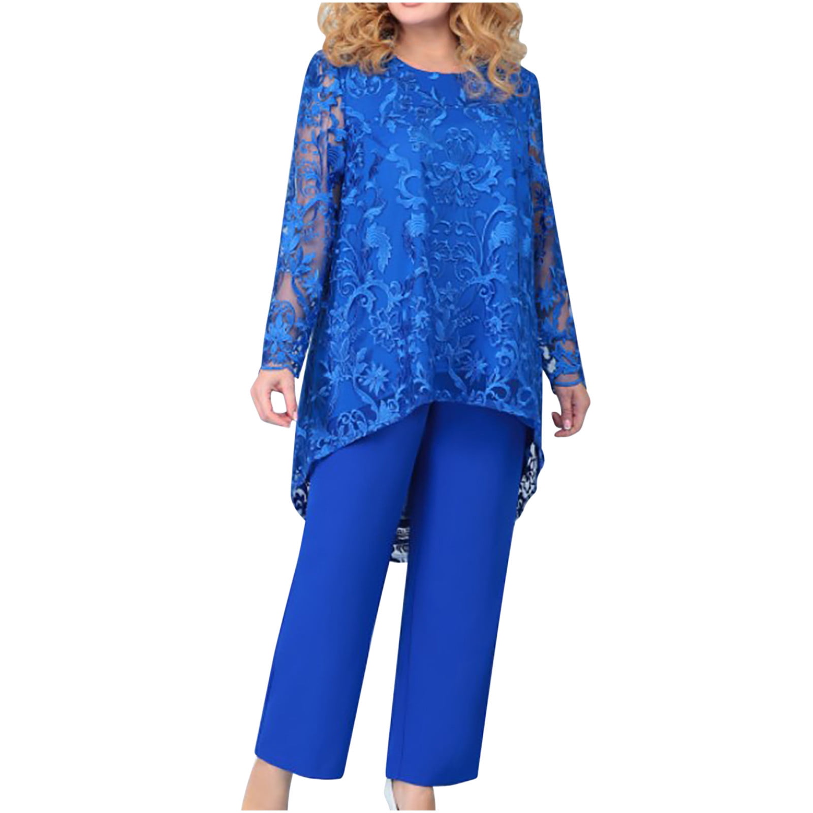 XFLWAM 2 Piece Outfits for Women Lace Long Sleeve Crew Neck High Low ...