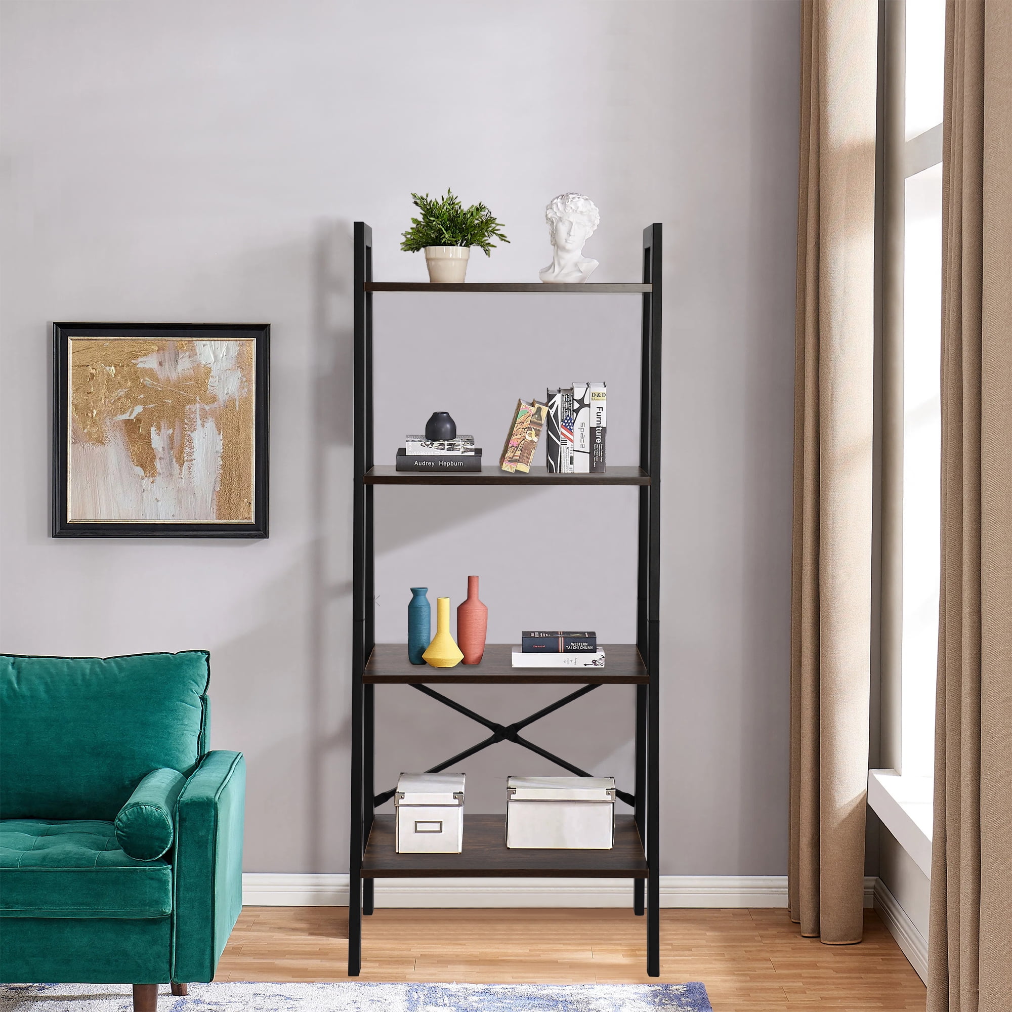 4 Tiers Iron Ladder Bookcase Set of 1 Ladder Shelf Bookcase Bookshelf ...