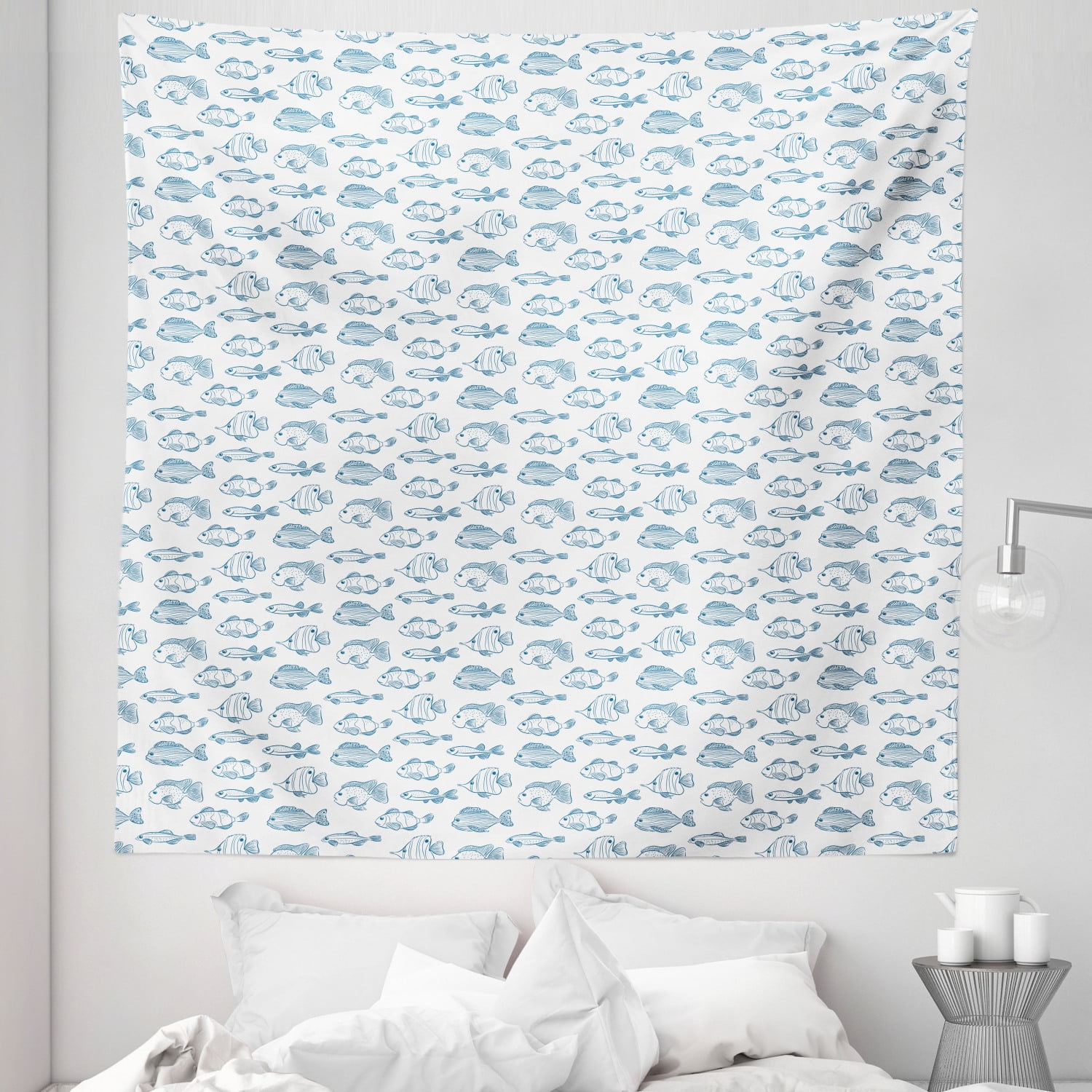 Sea Life Tapestry, Outline Design of Hand Drawn Fish Shapes and Aquatic ...