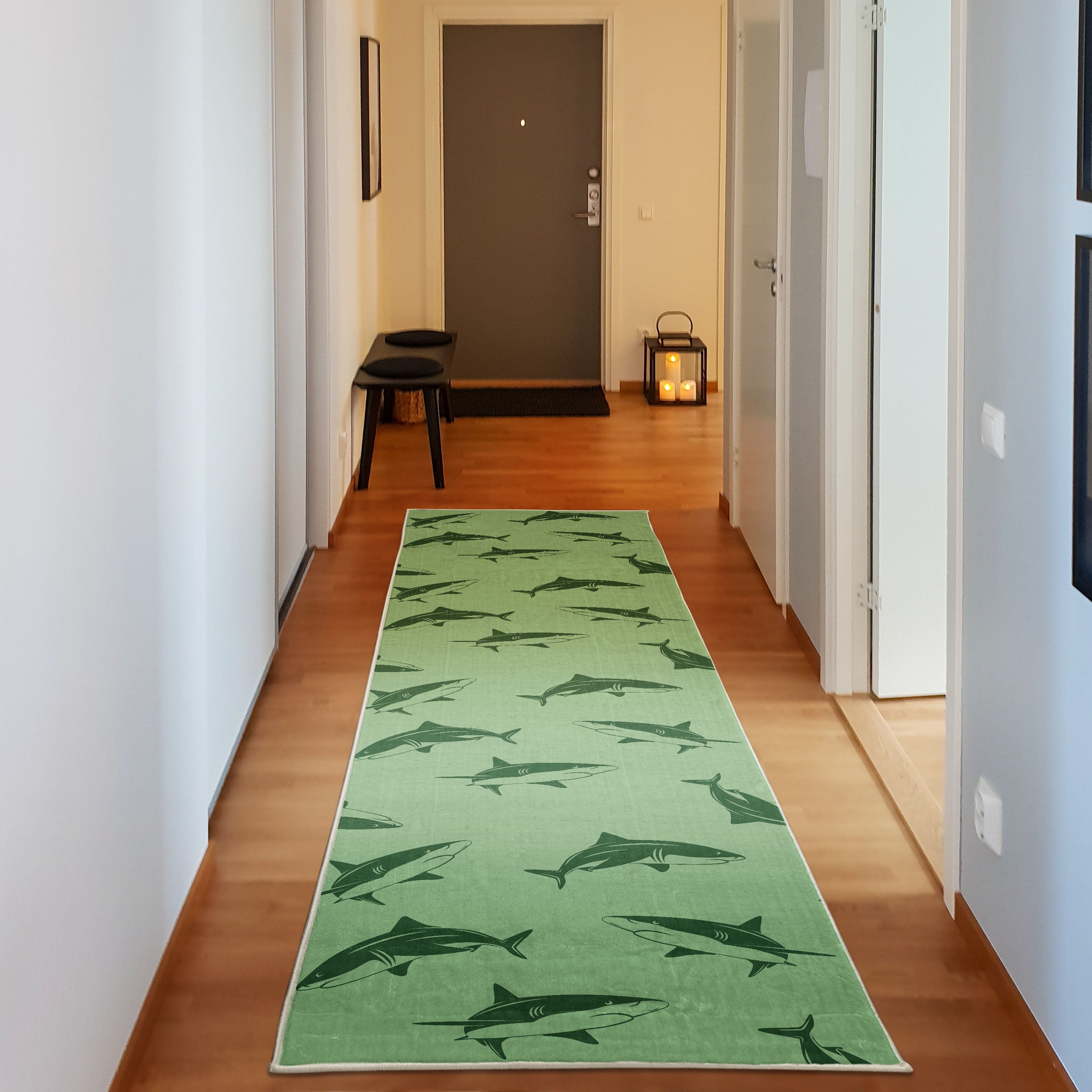 Sea Animals Decorative Rug, Repeated Cartoon Sharks Swimming to ...