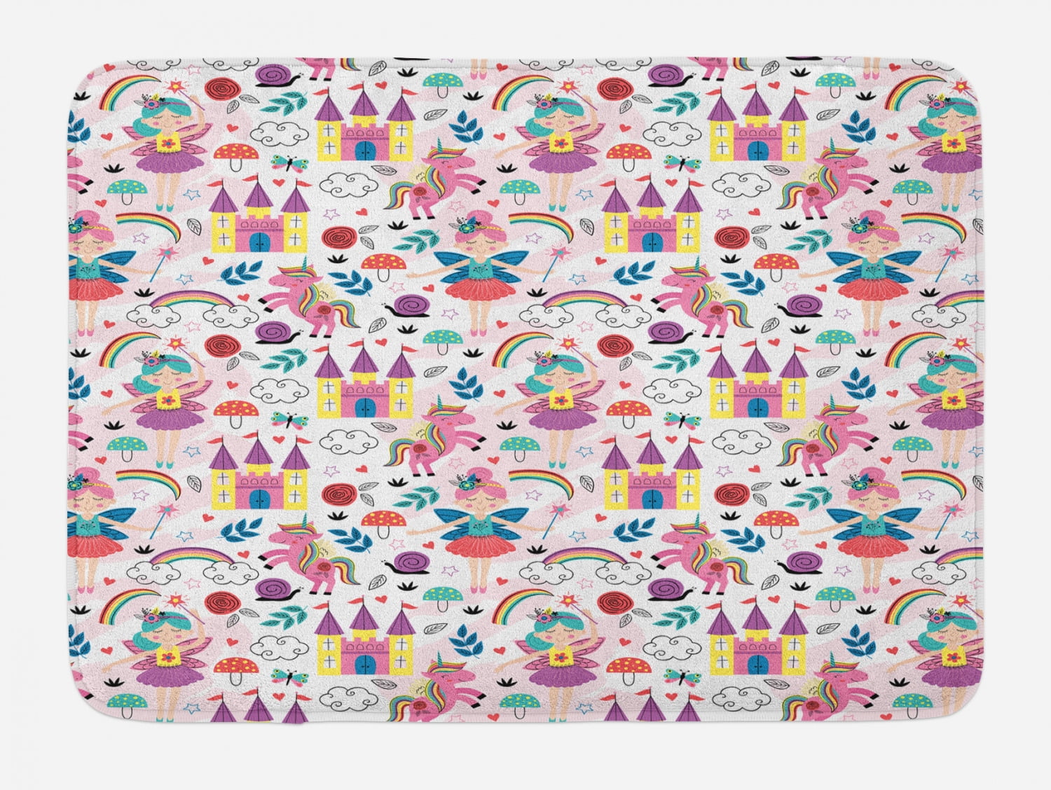 Cartoon Bath Mat, Colorful Illustration with Characters Unicorn Chateau ...