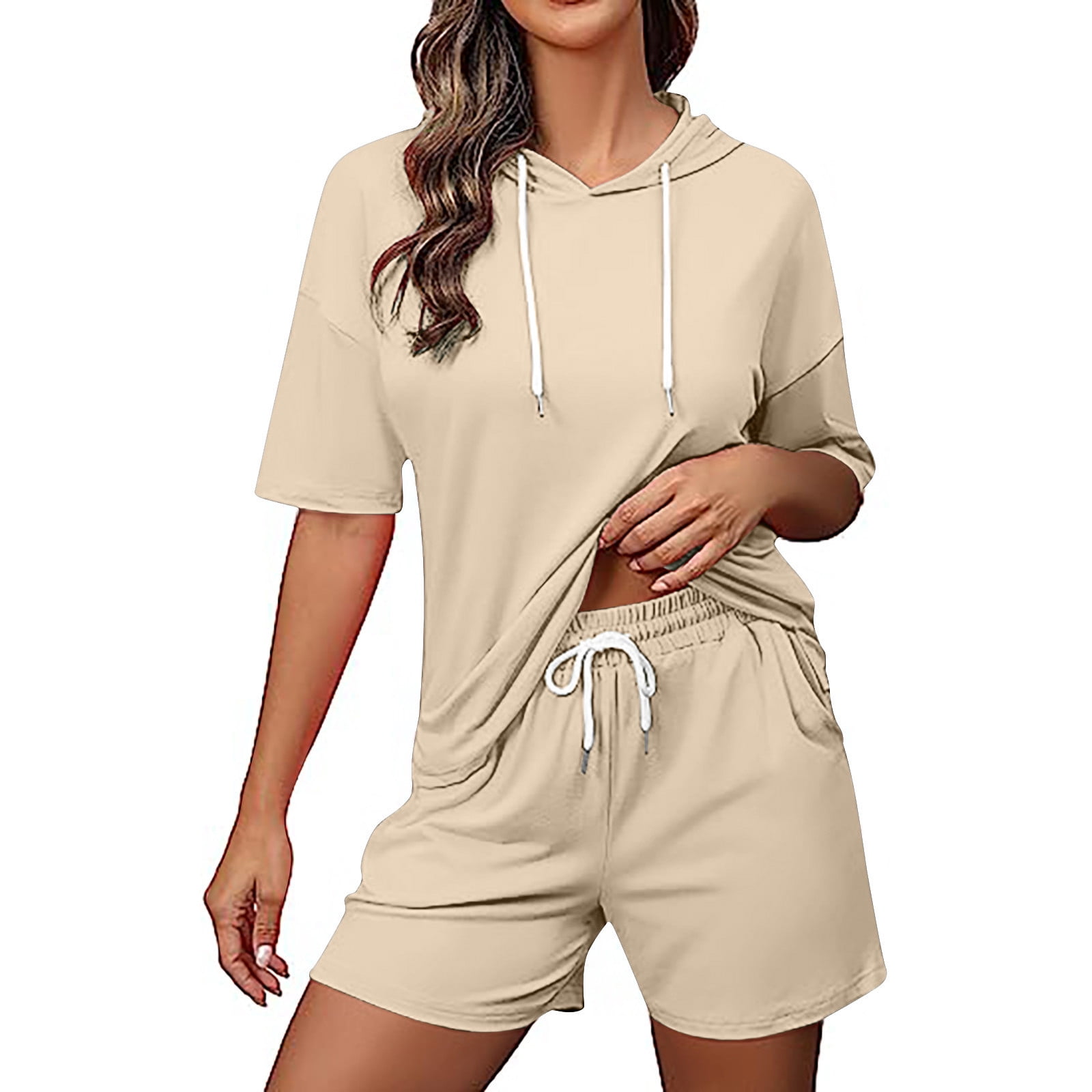 Dyegold Shorts Sets Women 2 Piece Outfits Short Sleeve Hooded Tops ...