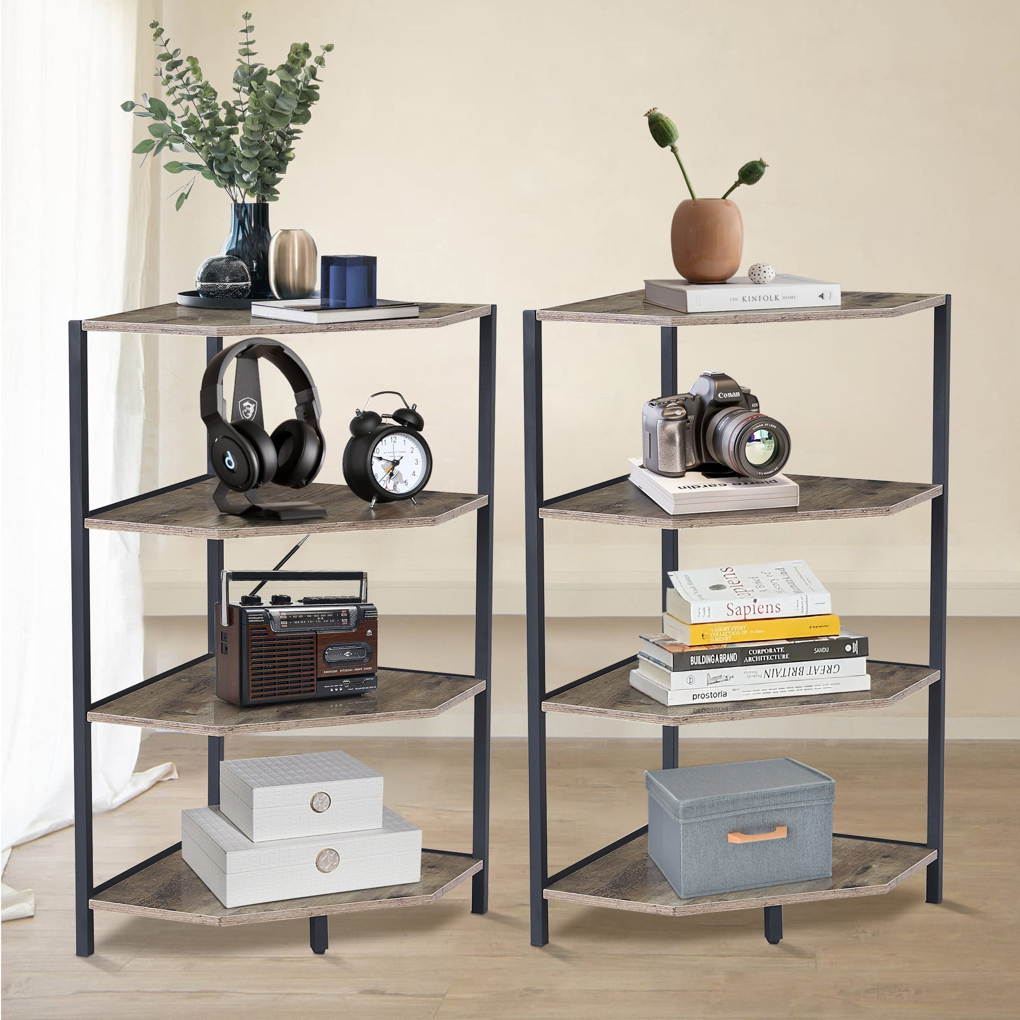 VECELO Set of 2 Corner Shelf, 4-Tier Corner Bookshelf Small Bookcase ...