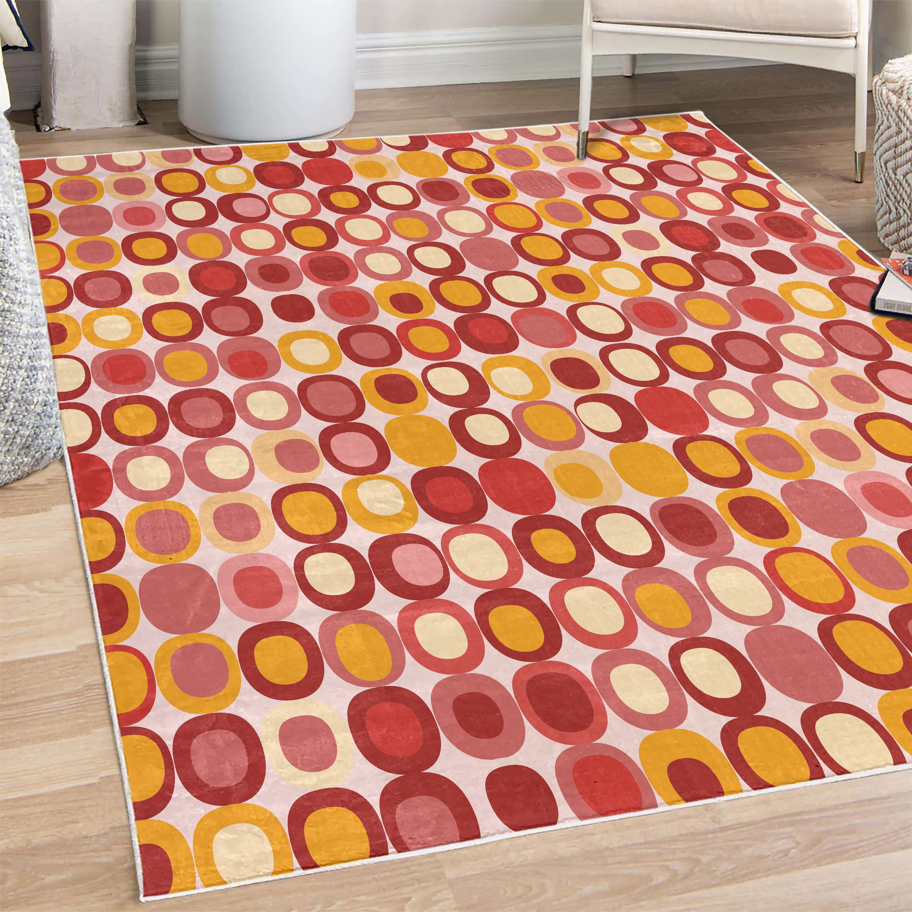 Mid Century Decorative Rug, Retro-Themed Styled Round Edged Mosaic ...