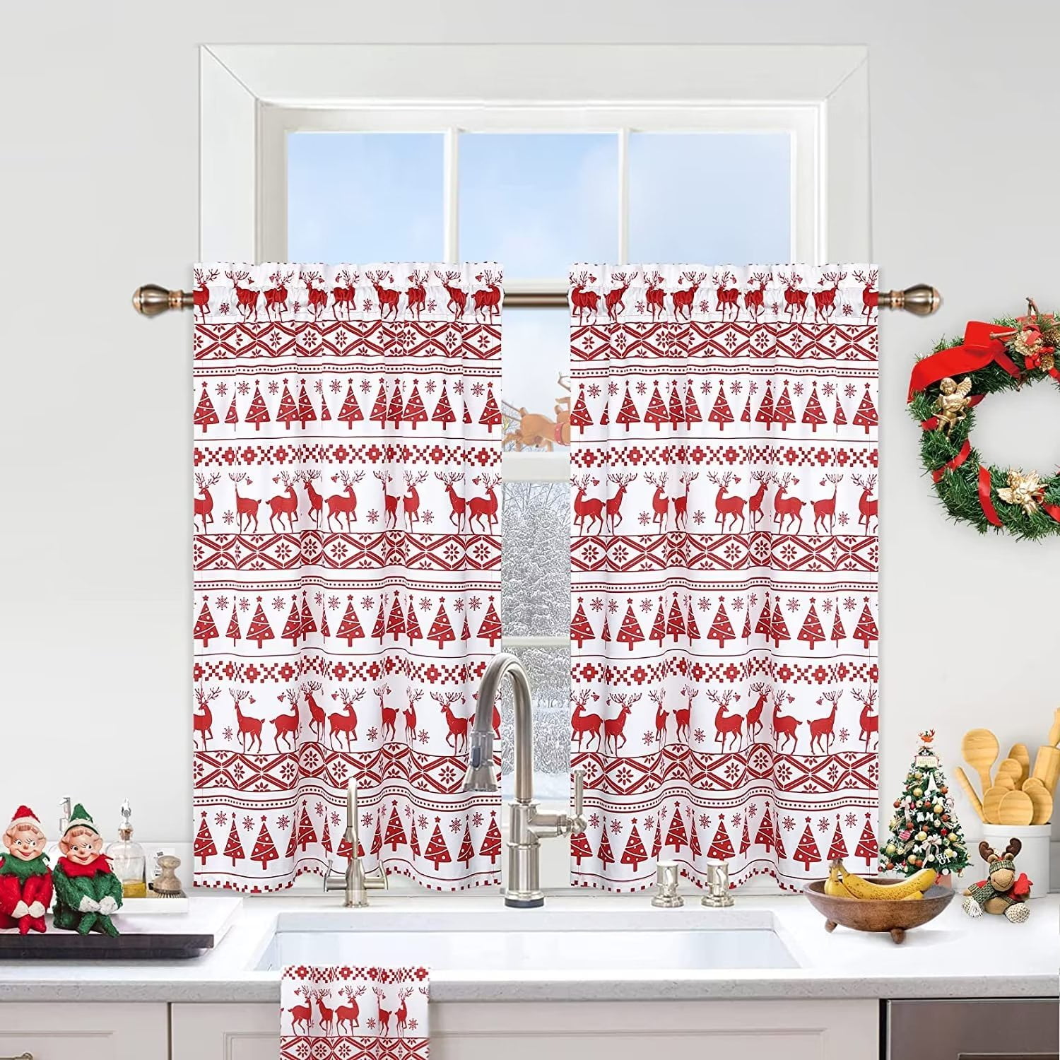 ZACOO 26"Wx36"L Velvet Kitchen Curtains Boho Farmhouse Christmas Tree ...