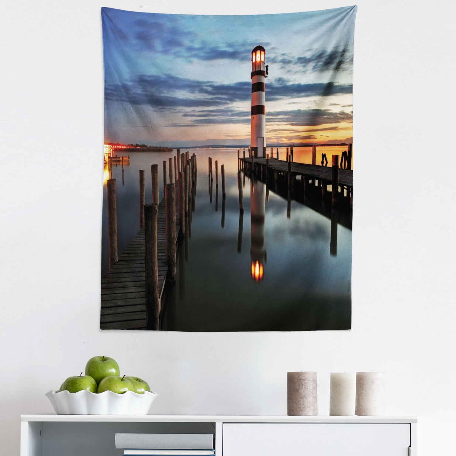 Colorful Tapestry, Calm Dusk at Bay Lighthouse and Wooden Boardwalk ...