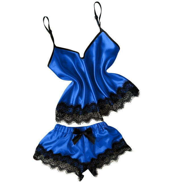 Womens Lace Trim Satin Sleepwear Set Cami Top And Shorts Pajama Sets