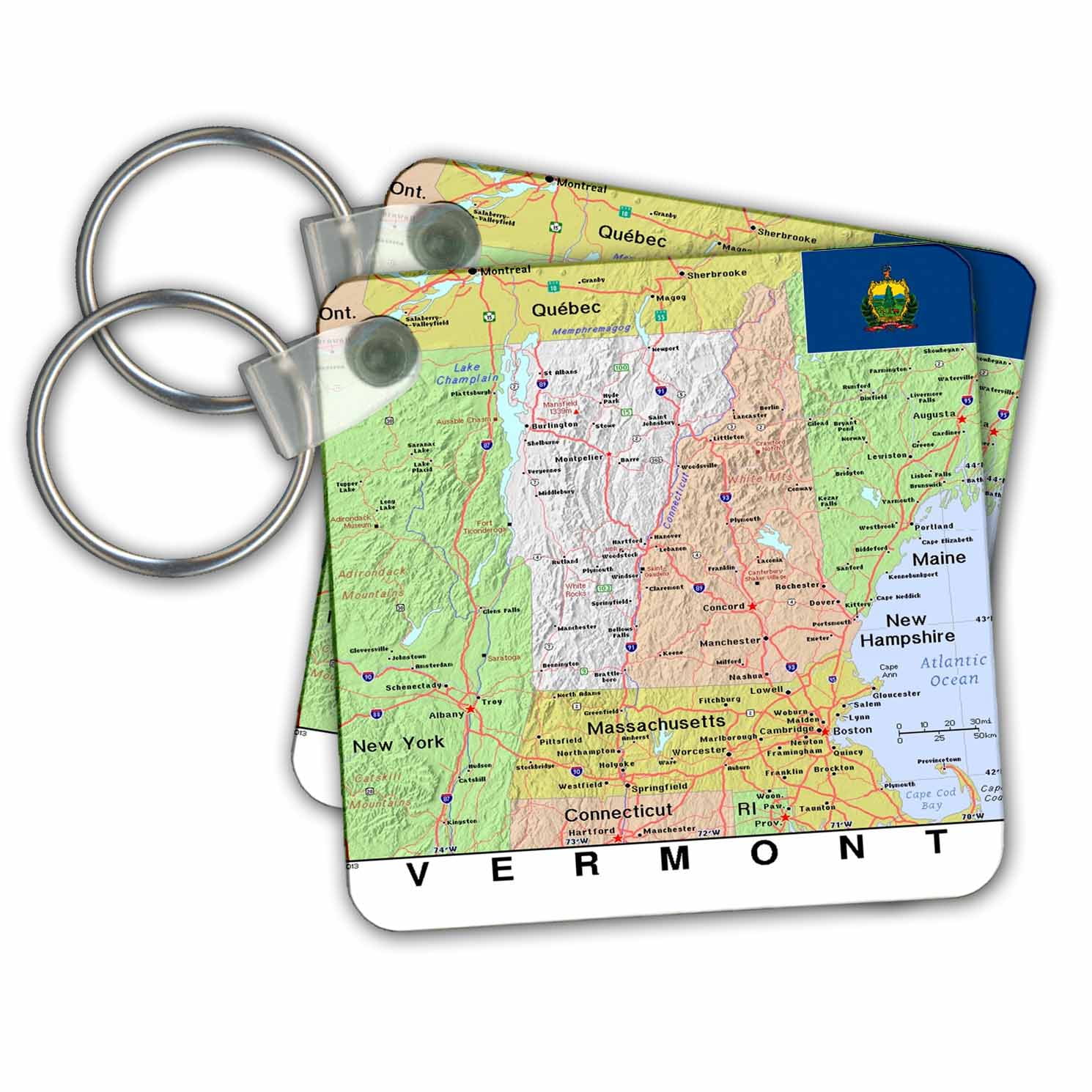 3dRose, Image of Topographic Map of Vermont With Flag, set of 2 Key ...