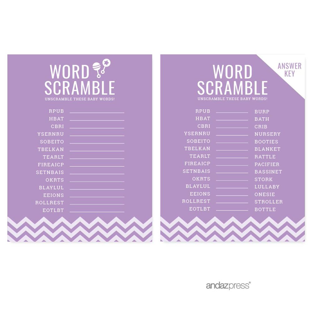 Word Scramble Game Cards Lavender Chevron Baby Shower Games, 20-Pack ...