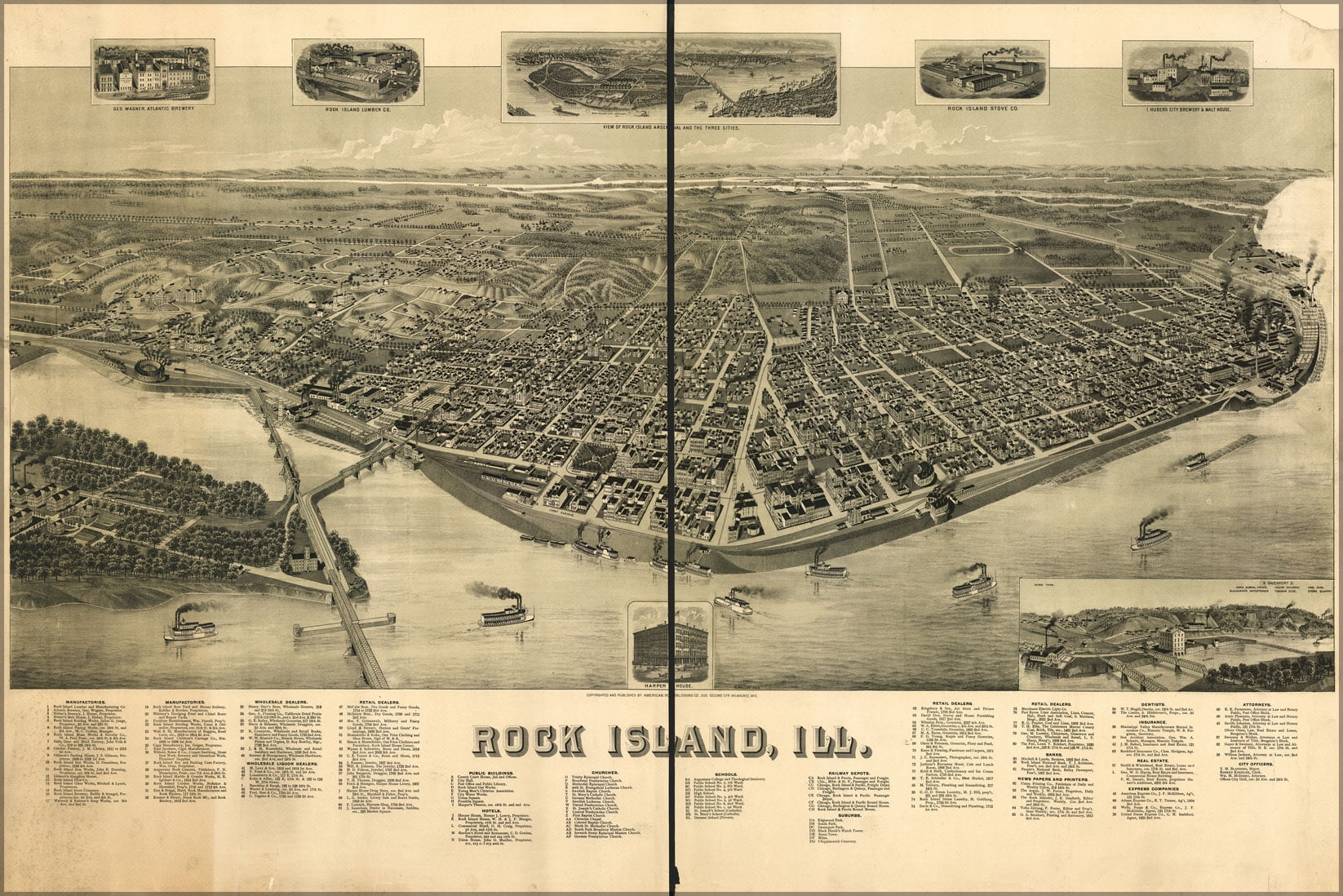 24"x36" Gallery Poster, birdseye view map of Rock Island, Illinois 1889 ...