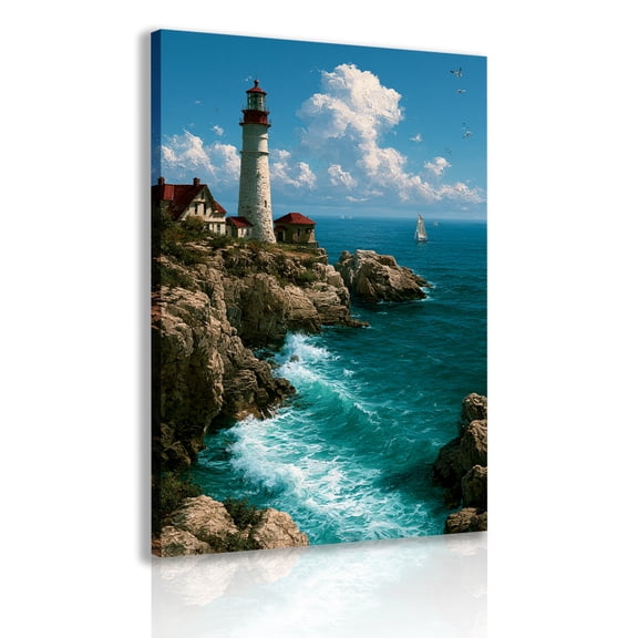 Canvas wall mural of a coastal lighthouse on a rocky cliff, framed in ...