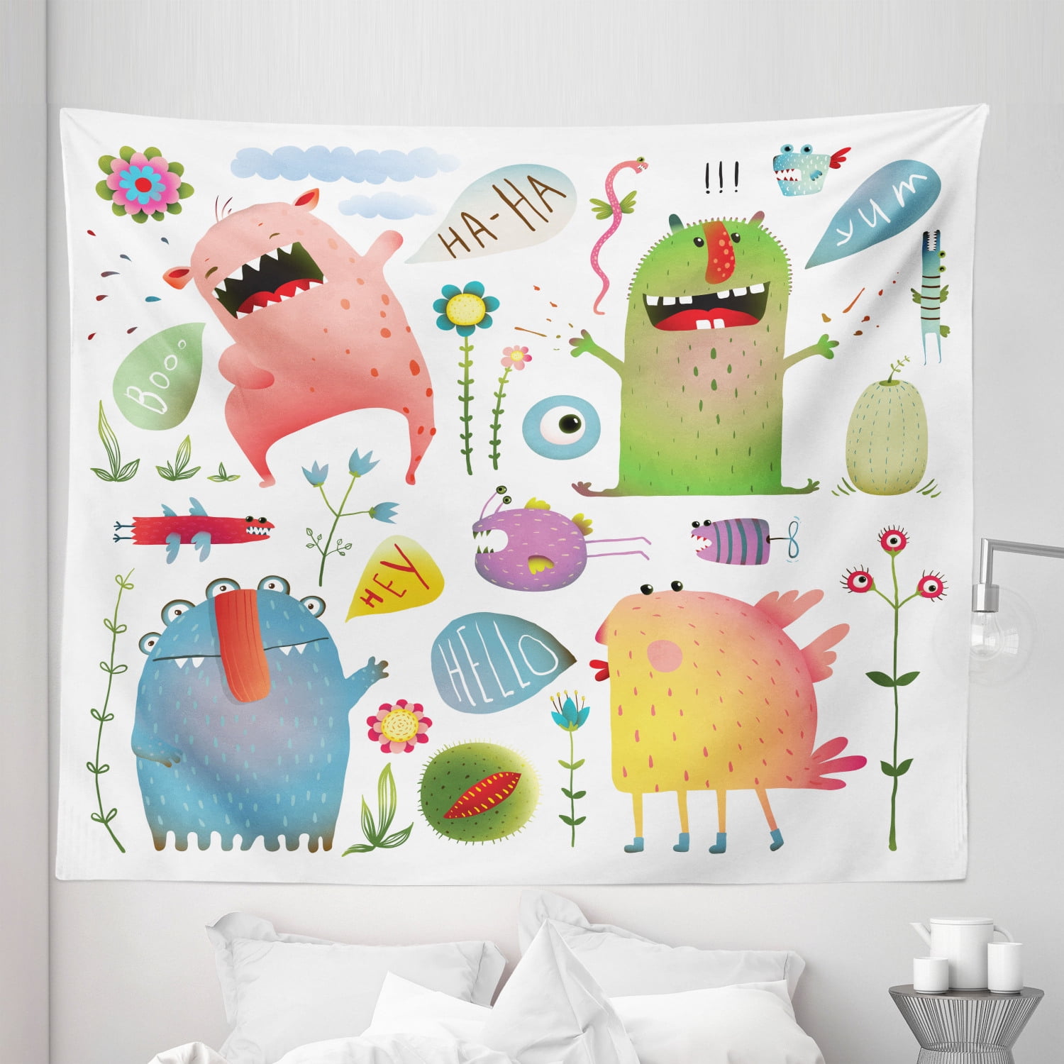 Monster Tapestry, Alien Creatures Laughing Design with Flowers Cartoon ...