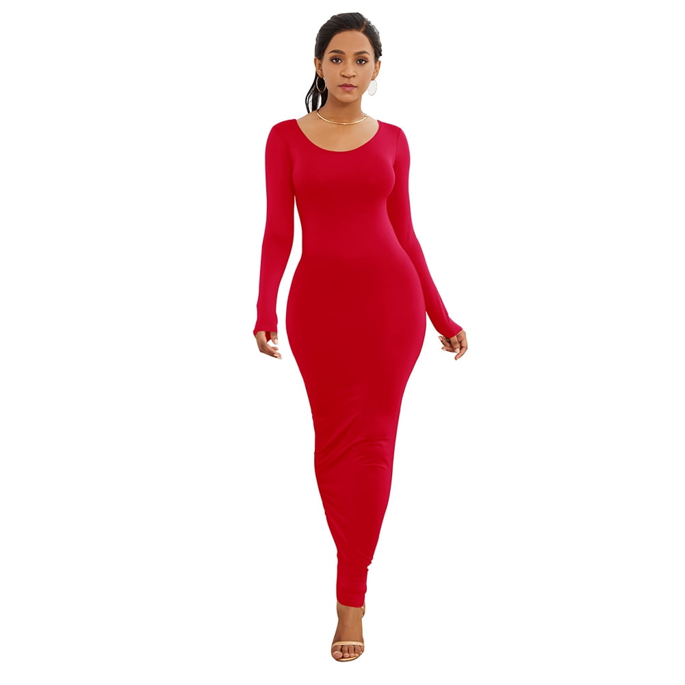 Dishan Spring Autumn Sexy Women Solid Color Long Sleeve Round Neck