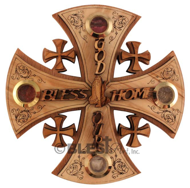Jerusalem Cross, "God Bless Our Home", 4 Holy Items, Size: 6.3"/16 cm ...