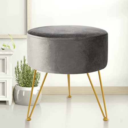 Velvet Round Ottoman with Golden Metal Legs, Upholstered Round Footrest ...