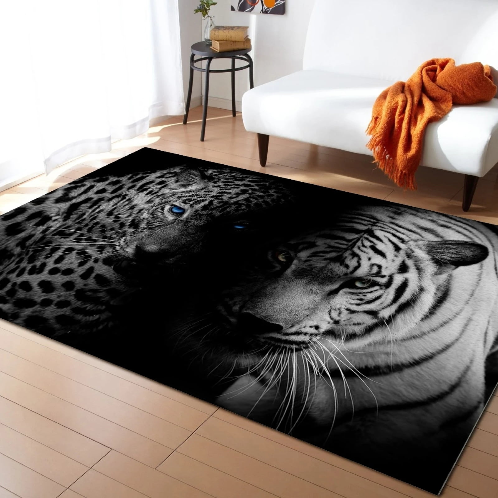 Animal Tiger Area Rug, Mysterious Tiger In Black And White Polyester ...