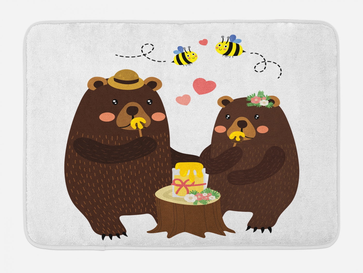 Bear Bath Mat, Forest Party with Grizzly Bears and Bees Having Fun Love ...
