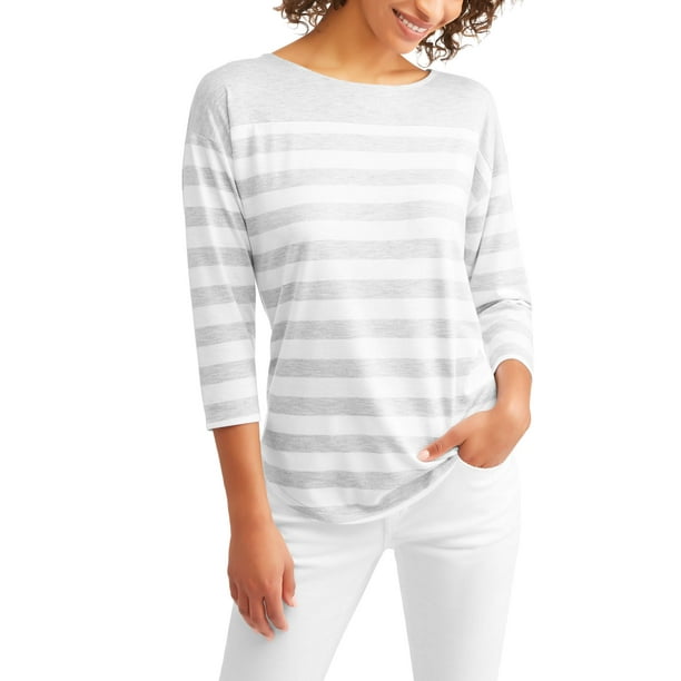 Time And Tru Womens 3 4 Sleeve Classic Boatneck T Shirt Walmart