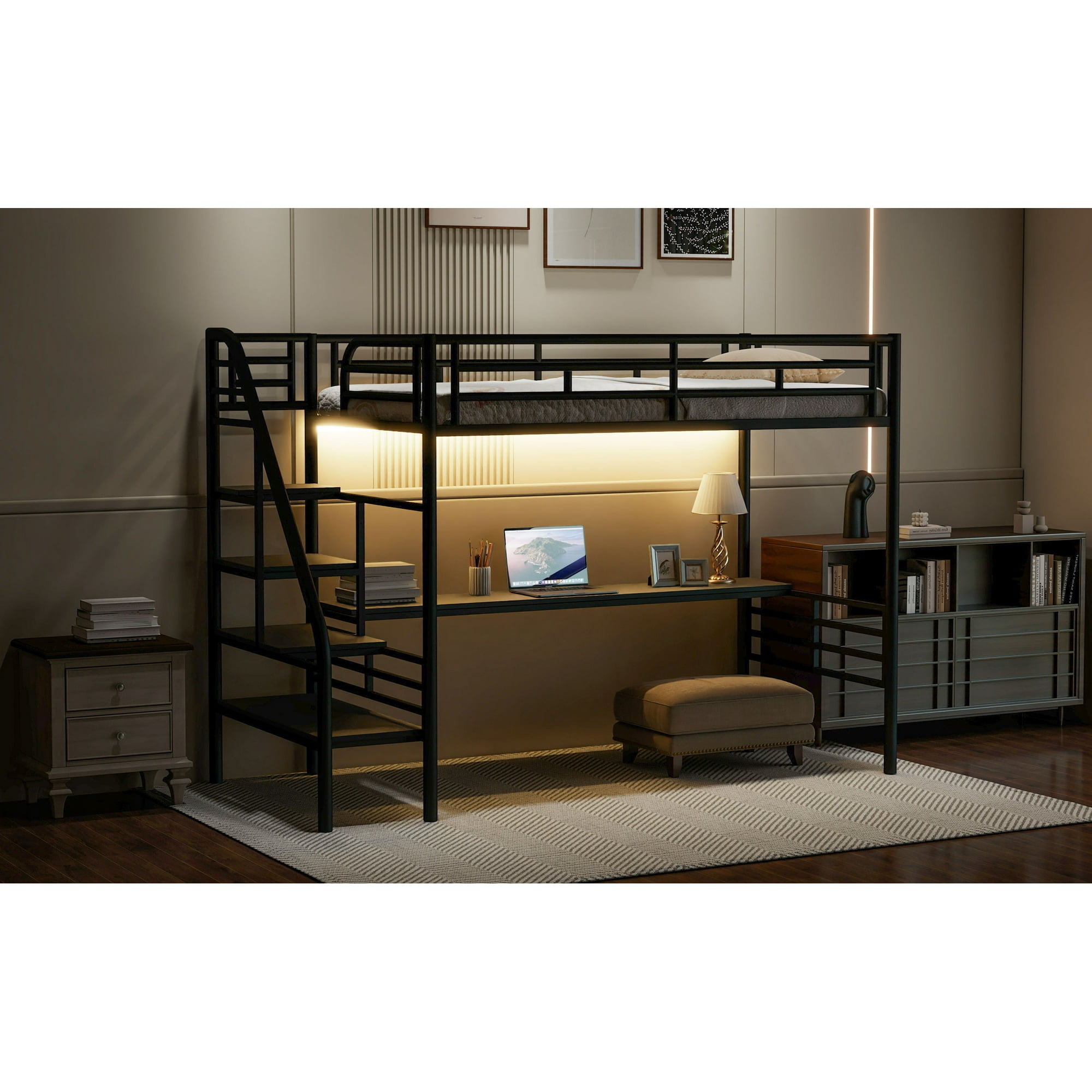 Click here for Canlux Metal Loft Bed Frame With Desk And Led Ligh... prices