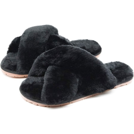 Women's Fluffy Furry Fur Slippers Flip Flop Open Toe Cozy House Memory ...