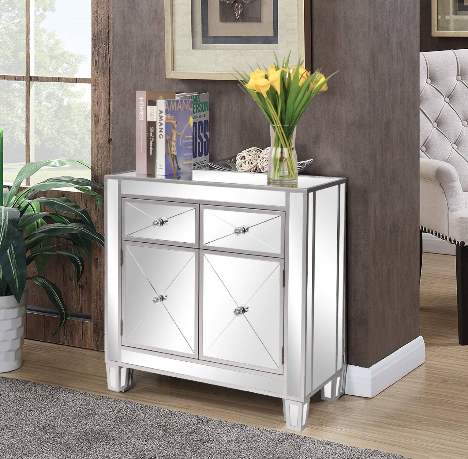 UBesGoo 2 Drawer Mirrored Hall Table, Mirrored Cabinet ,Accent Chest ...