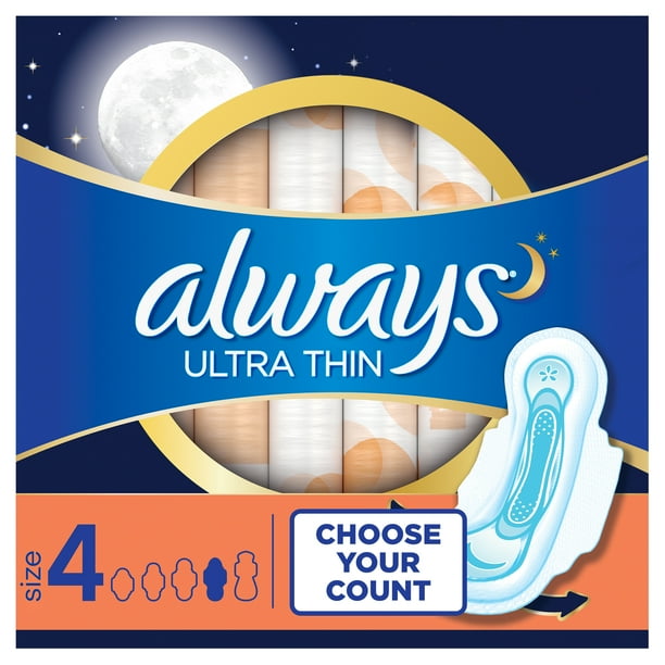Always Ultra Thin Pads Unscented with Wings, Overnight Absorbency, Size ...