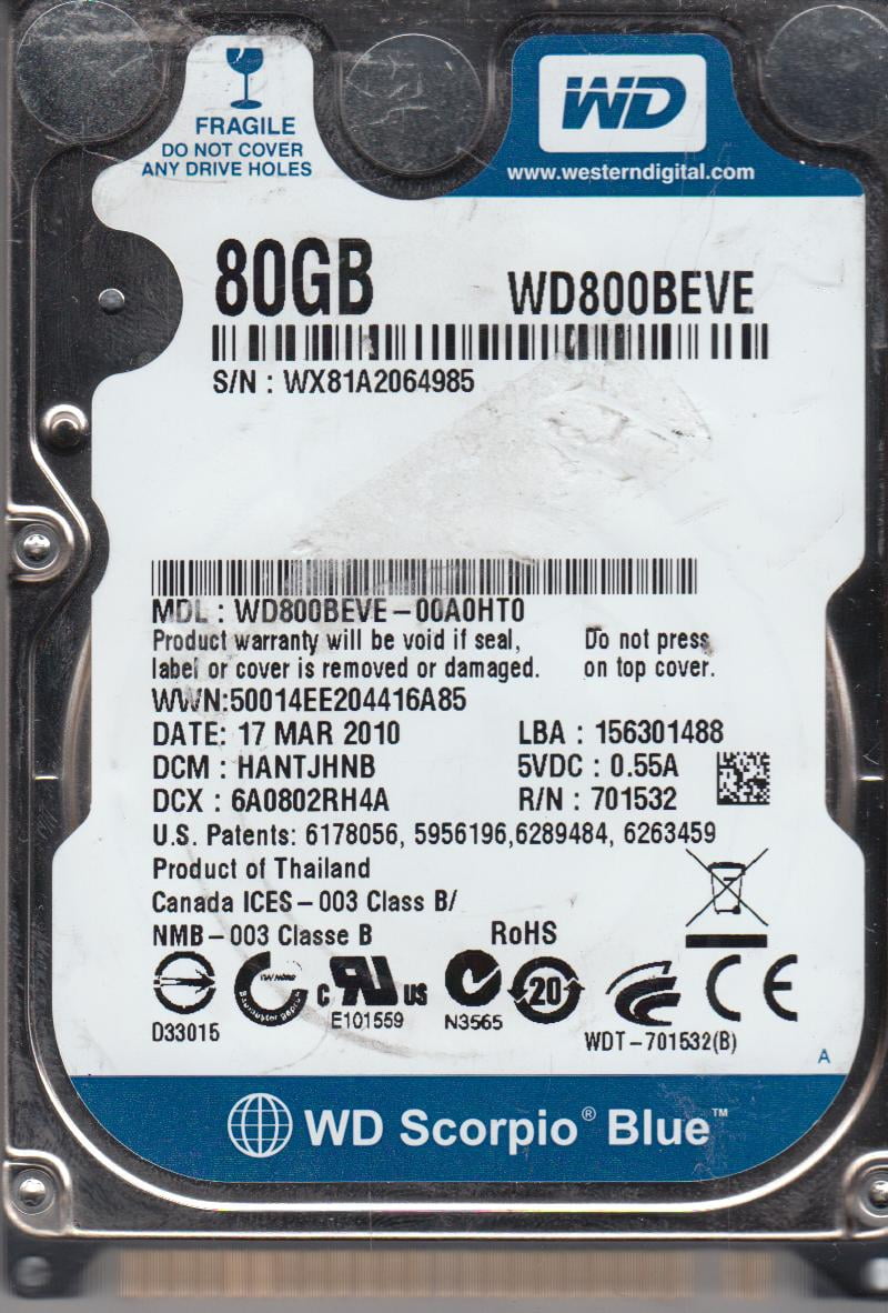WD800BEVE-00A0HT0, DCM HANTJHNB, Western Digital 80GB IDE 2.5 Hard ...