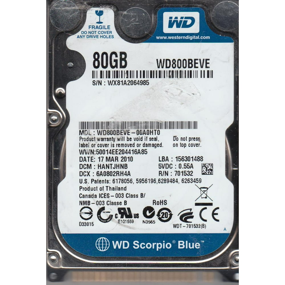 WD800BEVE-00A0HT0, DCM HANTJHNB, Western Digital 80GB IDE 2.5 Hard ...
