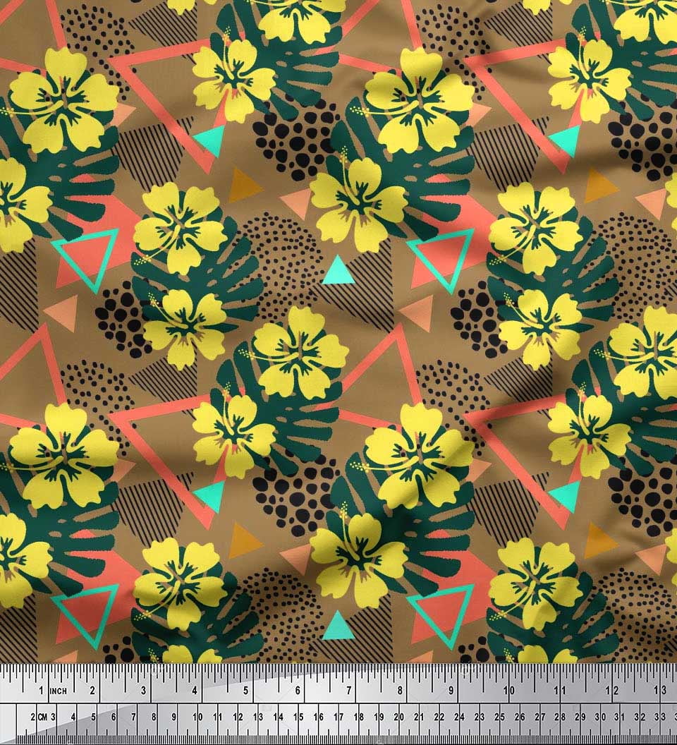 Soimoi Satin Silk Fabric Triangle,Floral & Monstera Leaves Print Fabric ...