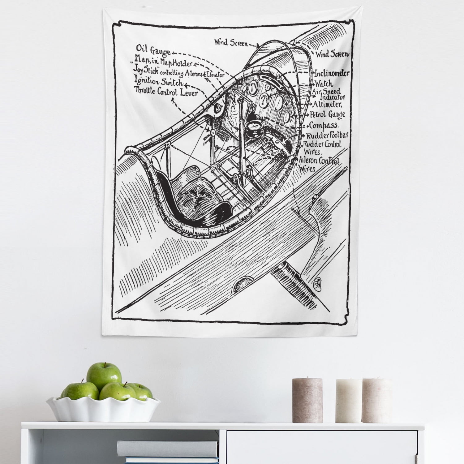 Airplane Cockpit Tapestry, Retro Infographic Look Hand Drawn Like ...