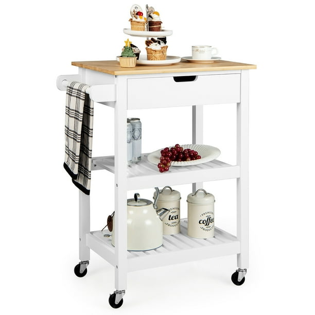 Gymax 3-Tier Kitchen Island Cart Rolling Service Trolley w/ Bamboo Top ...