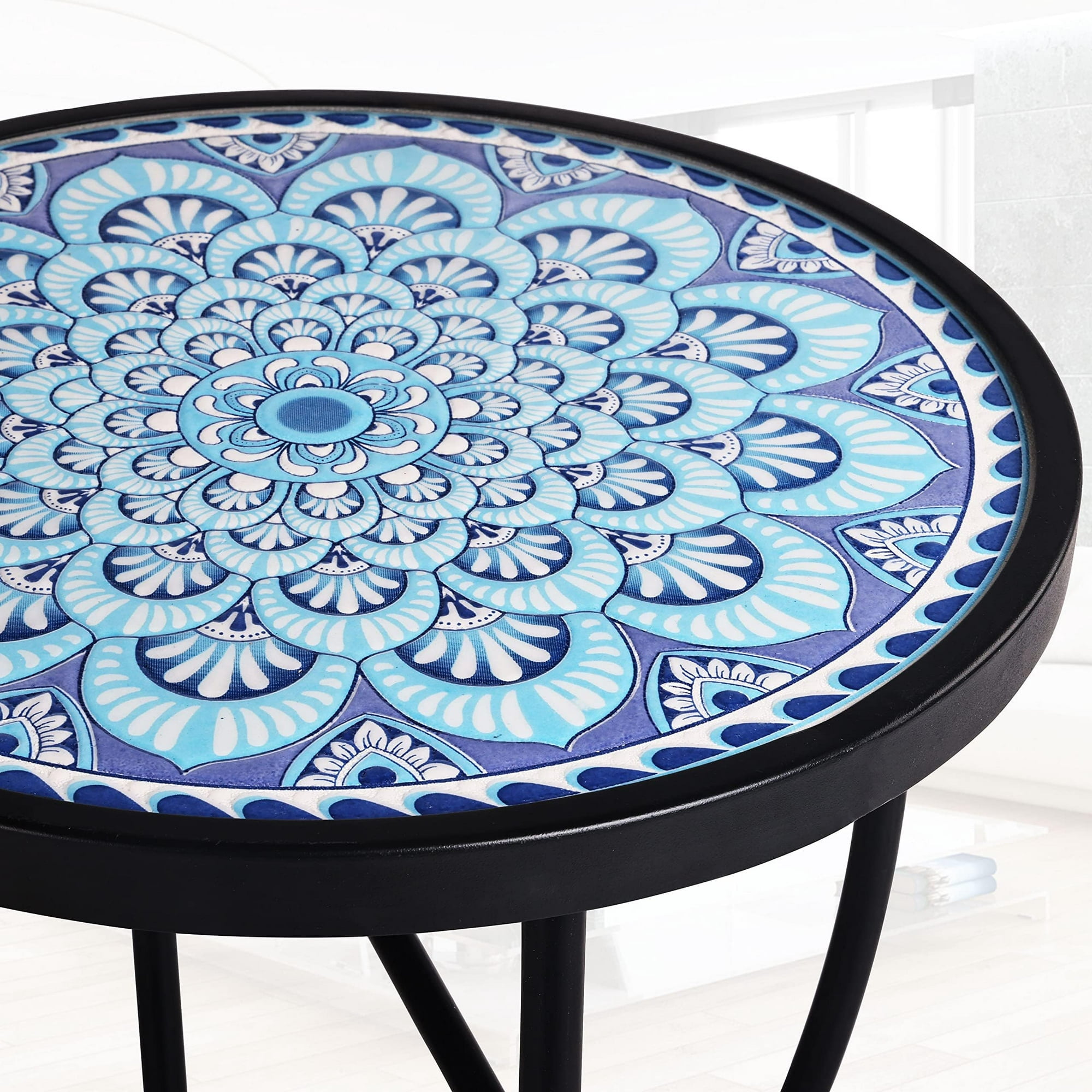 ELEVON Outdoor Side Table Mosaic Patio Table 21 Accent Table Round End Table with 14 Ceramic Table Top Outdoor Patio Balcony Table for Garden Backyard Pool Porch Bistro Plant Stand Blue