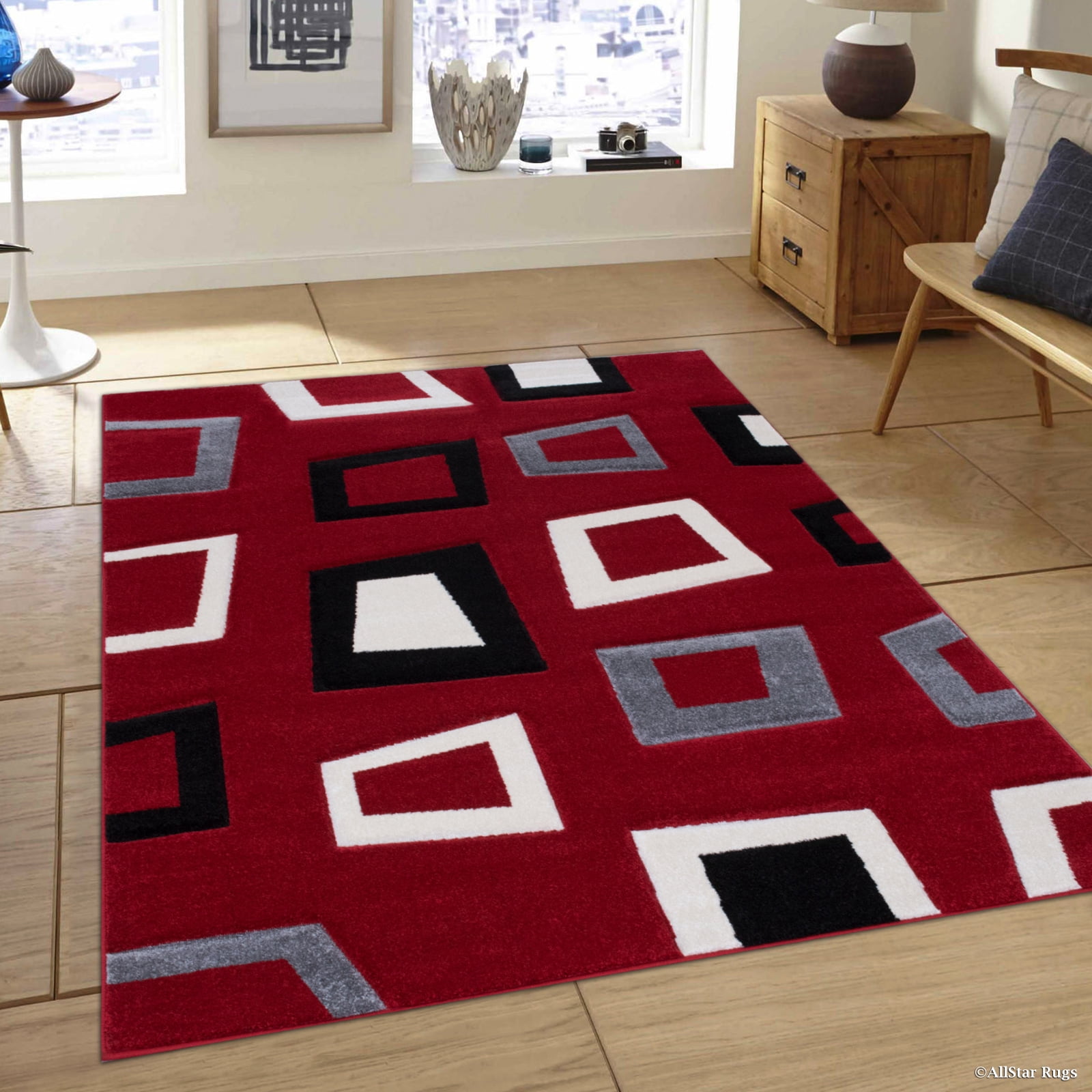 Allstar Red Modern Geometric Black and Grey square design Area Rug (7 ...