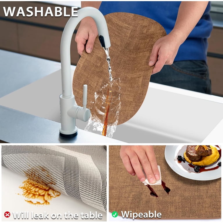 Faux Leather Oval Placemats Set of 8, Brown | Non-Slip & Heat Resistant ...