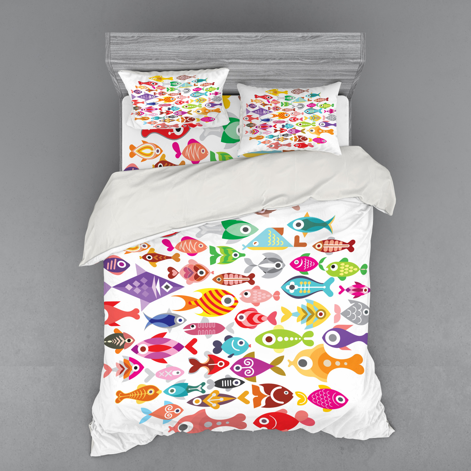 Fish Duvet Cover Set, Rounded Different Size Type Fish Motifs ...