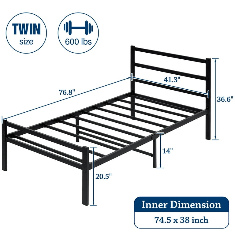 Lusimo Twin Bed Frame with Headboard No Box Spring Needed 14 inch Heavy Duty Slat Support Metal Platform Bed Frame Twin Size for Adult Black