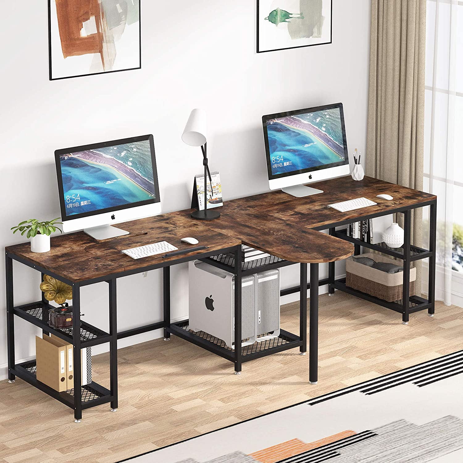 Tribesigns 102 inches Double Computer Desk with Storage Shelves and ...