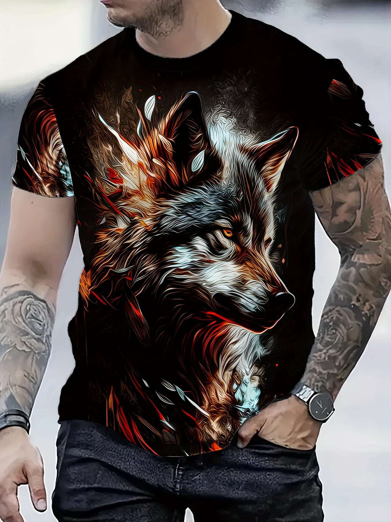 Men's Wolf and Cosmos Print T-Shirt Regular Crew Neck Casual Short ...