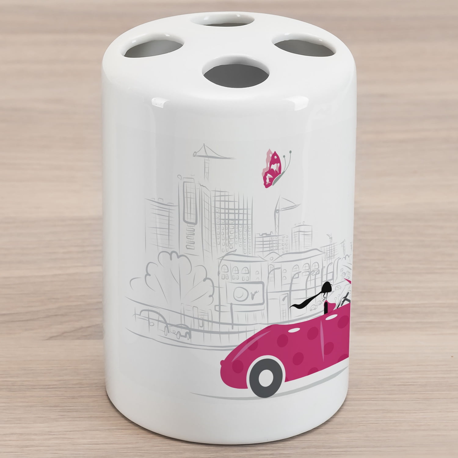 Cars Ceramic Toothbrush Holder, Woman Driving Pink Vintage Car Sketchy ...