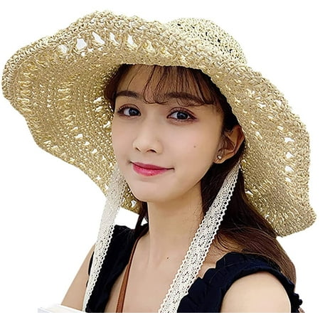 Womens Summer Packable Straw Sun Hat UV Sun Protection Wide Brim Summer ...